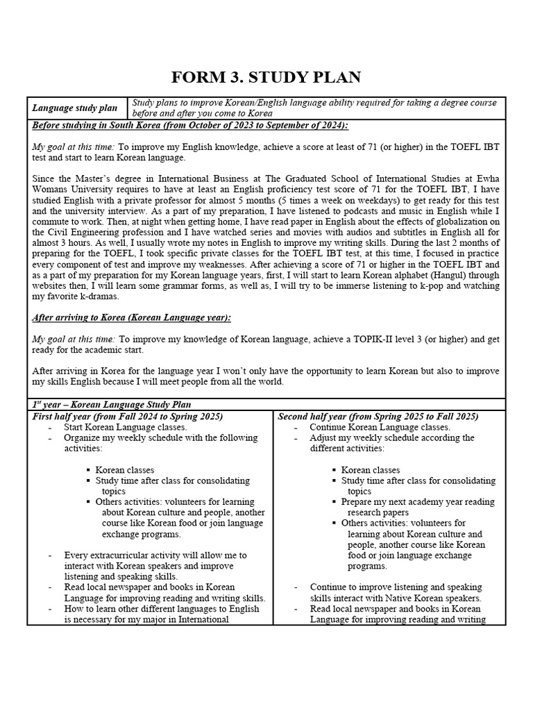 Korean Language Study Plan for GKS | PDF | Korean Language | Test Of ...