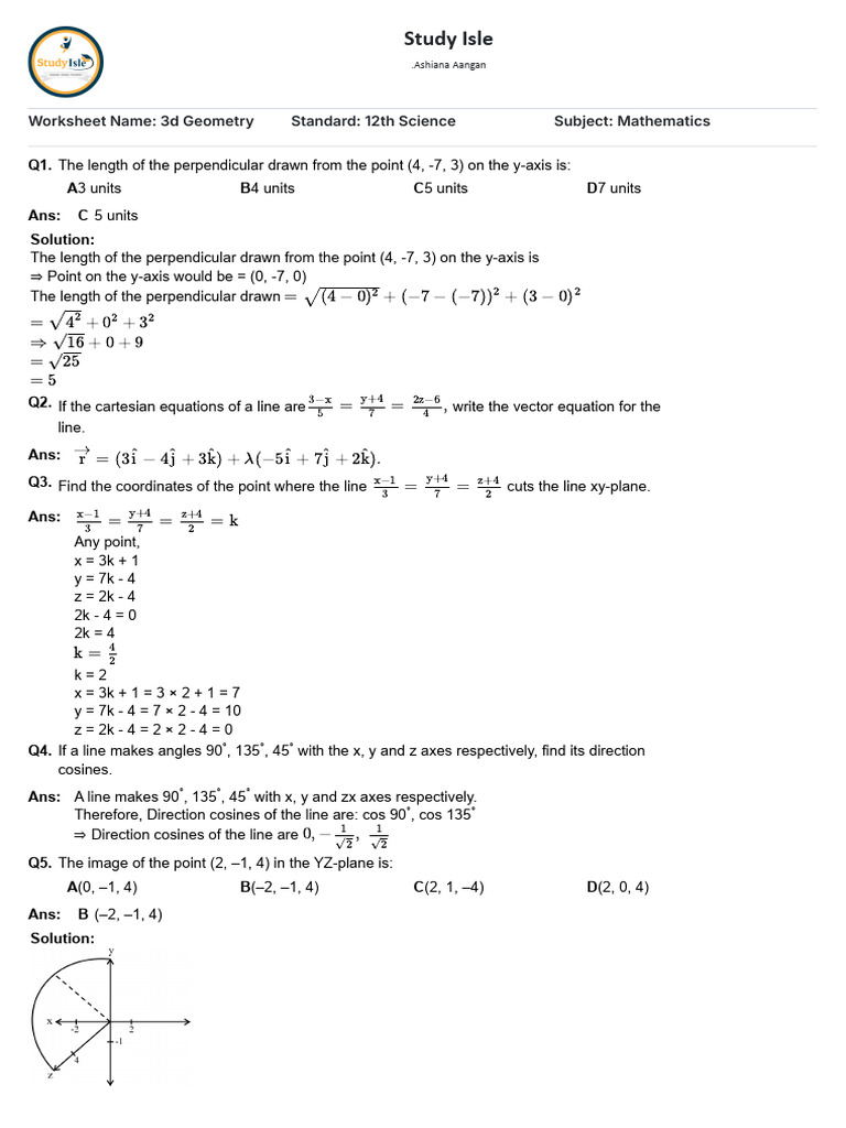 3D Geometry Lines Solutions | PDF | Angle | Line (Geometry)