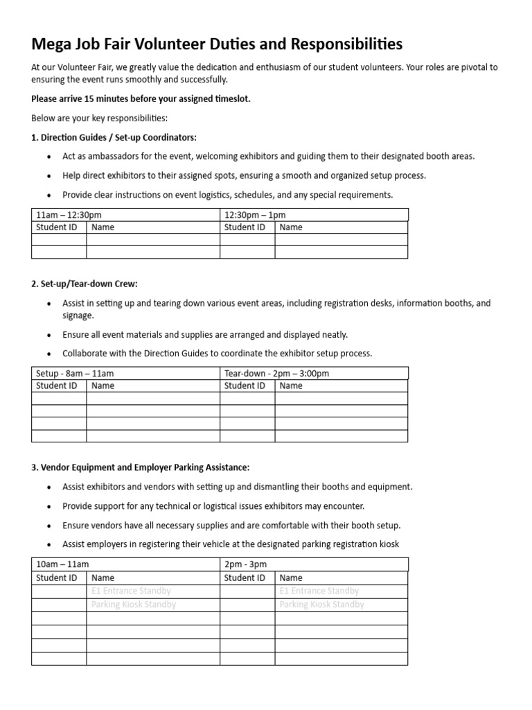 Mega Job Fair Volunteer Responsibilities | PDF | Career & Growth
