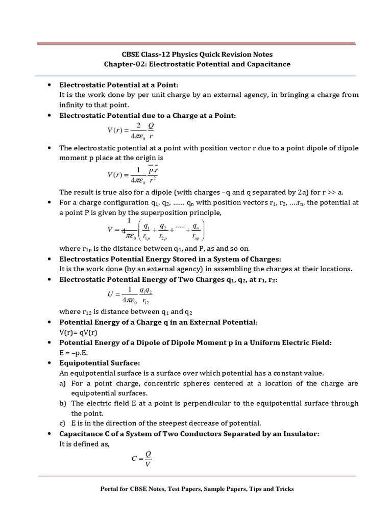 12 Physics Notes Ch02 Electrostatic Potential And 230621 201143 Pdf