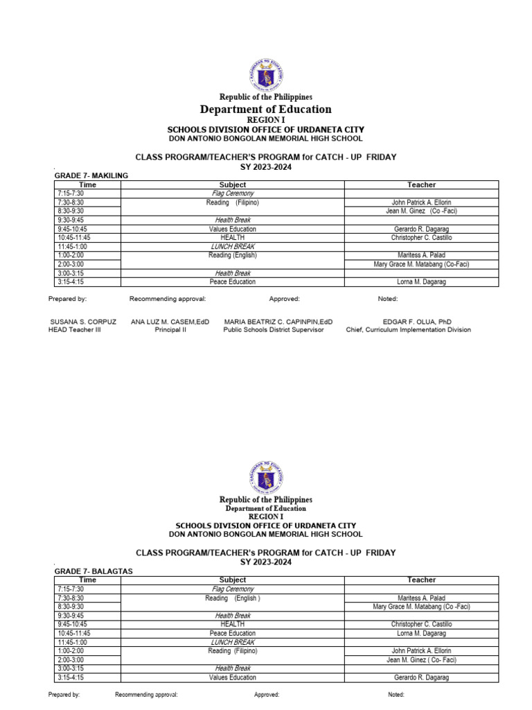 Class Program Catch Up Friday | PDF | Philippines