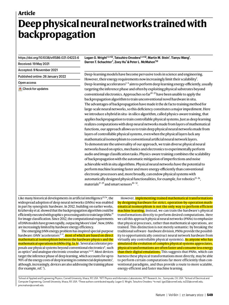 Deep Physical Neural Networks Trained With Backpropagation. Nature 2022 ... Deep Physical Neural Networks Trained With Backpropagation. Nature 2022 ...