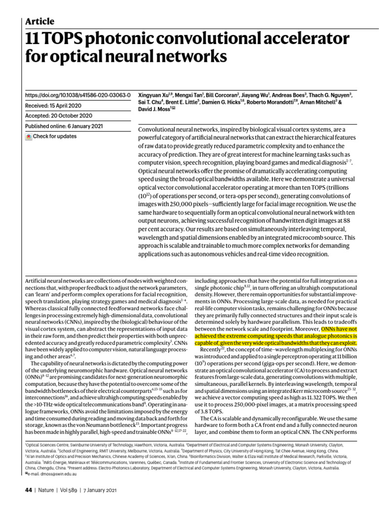 11 TOPS Photonic Convolutional Accelerator For Optical Neural Networks - RM - Nature | PDF