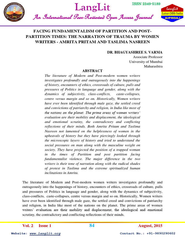 Women's Trauma in Partition Literature | PDF | Partition Of India | Love