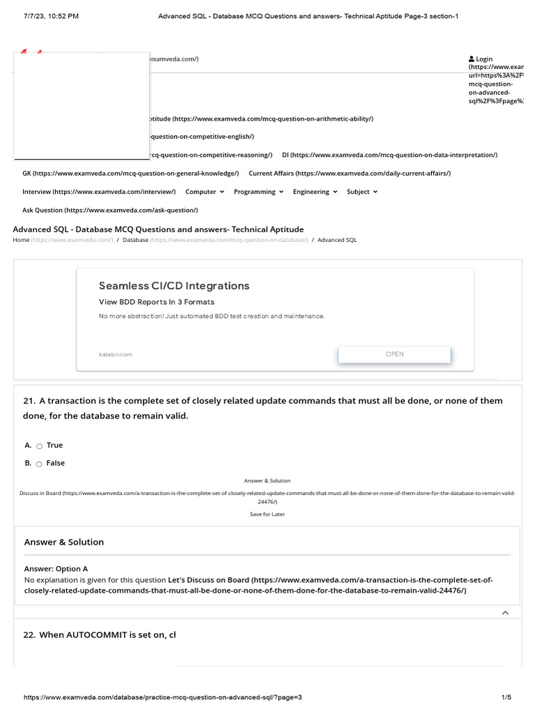 Advanced SQL MCQs for Tech Aptitude | PDF | Databases | Information Technology