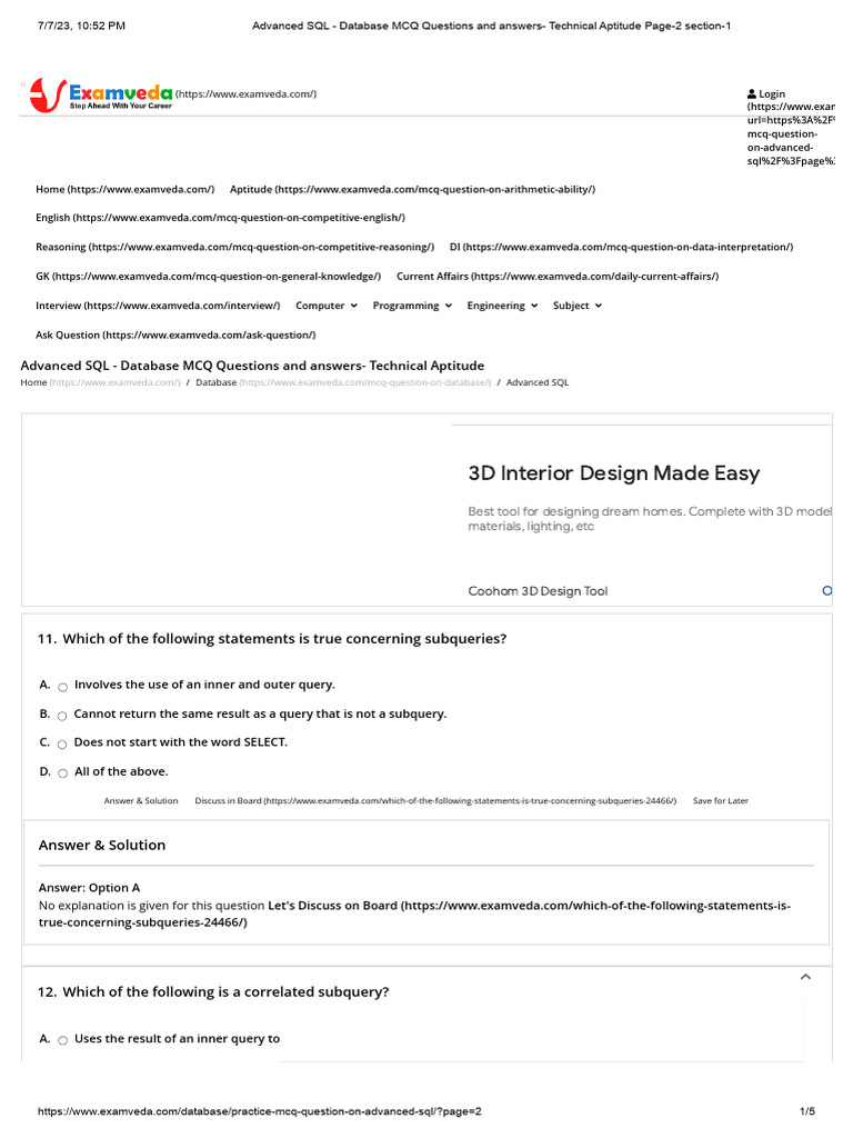 Advanced SQL - Database MCQ Questions and Answers - Technical Aptitude Page-2 Section-1 | PDF