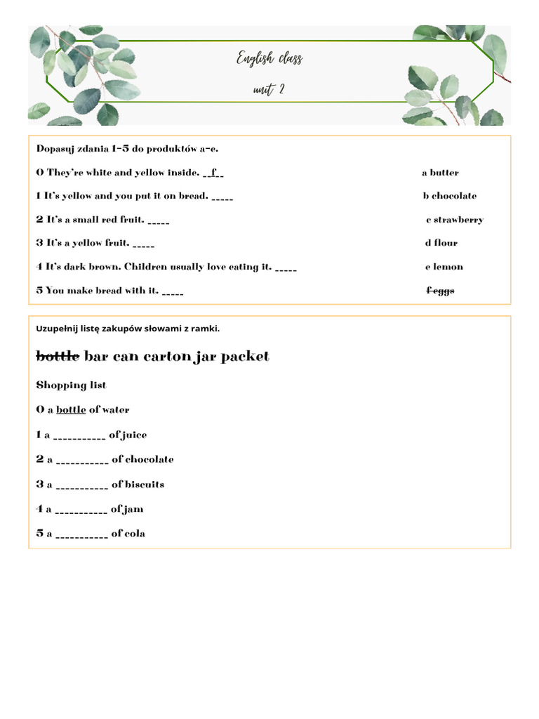 English Class Unit 2: Food Vocabulary Activities | PDF