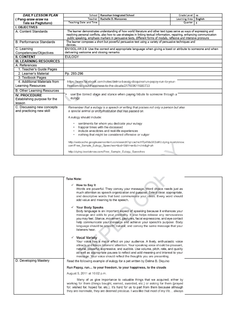 En 10 3rd Eulogy | PDF | Learning | Lesson Plan