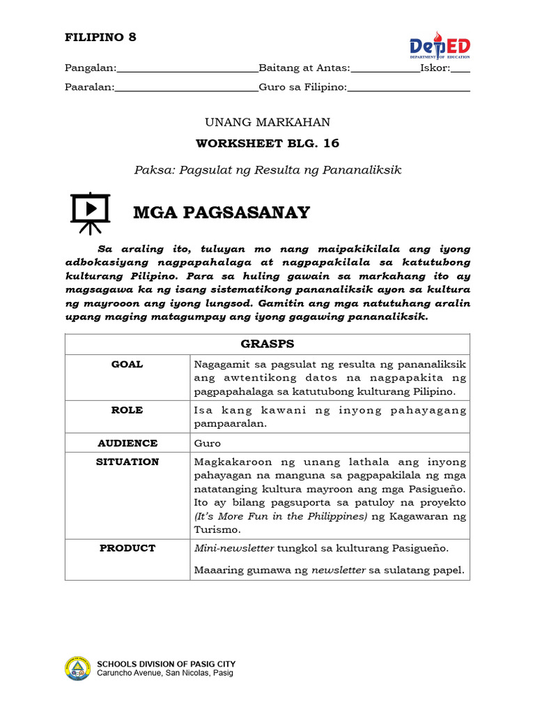 Paksa: Pagsulat NG Resulta NG Pananaliksik: Filipino 8 | PDF