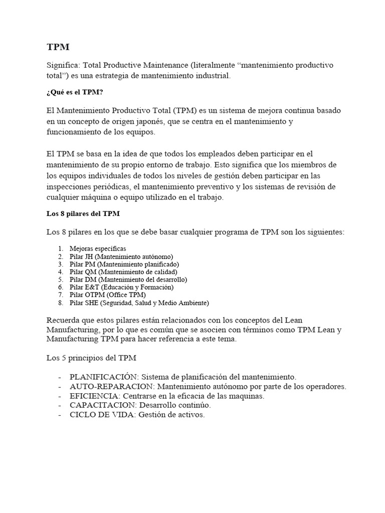 TPM y SMED: Mejora Continua y Productividad | PDF | Lean Manufacturing | Procesos de negocio