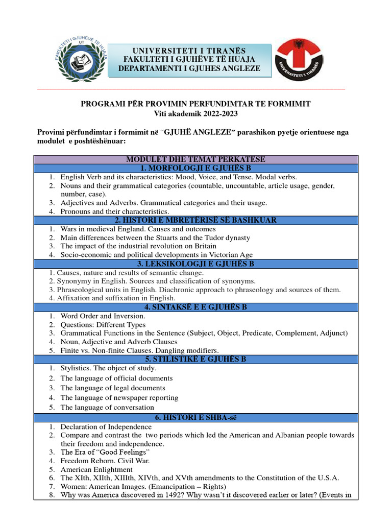 PROGRAMI PËR PROVIMIN PERFUNDIMTAR TE FORMIMIT, Gjuhe Angleze, 2022 ...