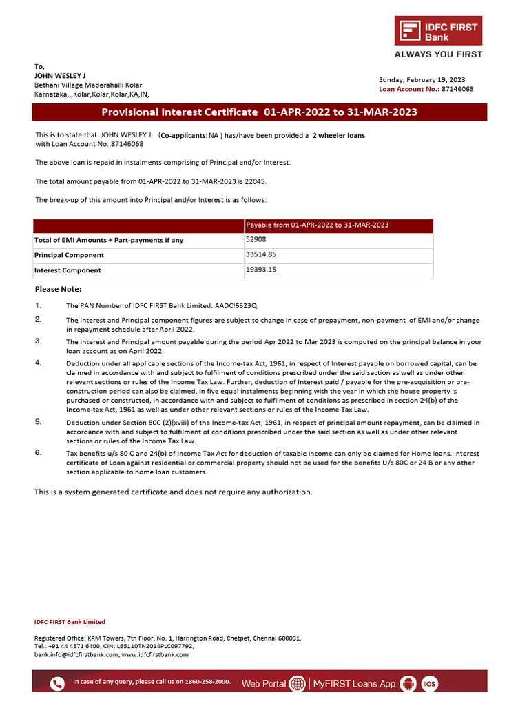 IDFC Interest Certificate FY 2022-23 | PDF | Loans | Interest
