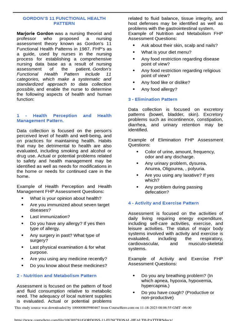 Gordons 11 Functional Health Pattern | PDF | Urinary Incontinence | Sleep