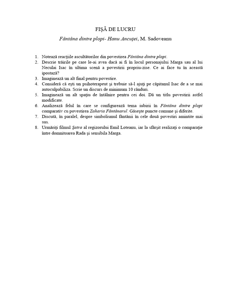 Fisa de Lucru Povestirea Fantana Dintre Plopi | PDF