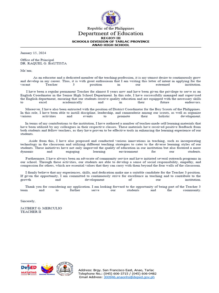 Letter of Intent | PDF | Teachers | Learning