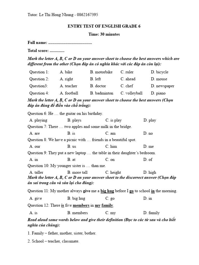 Entry Test of English Grade 6 | PDF