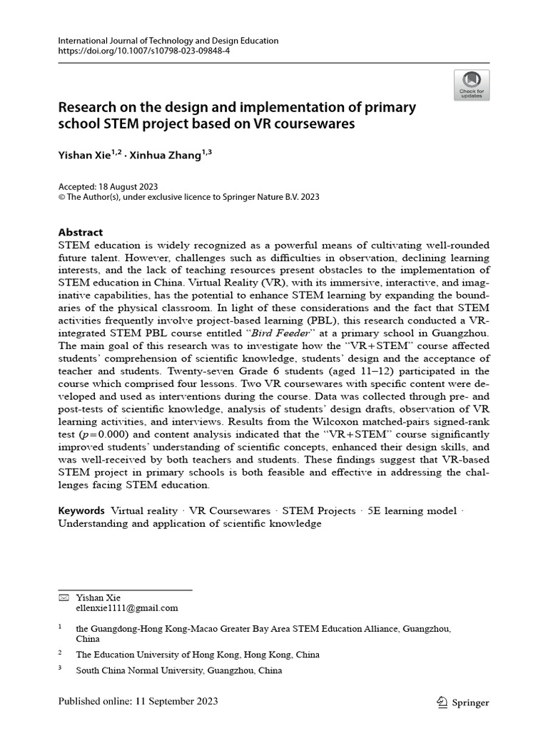Research On The Design and Implementation of Primary School STEM Project Based On VR Coursewares ...