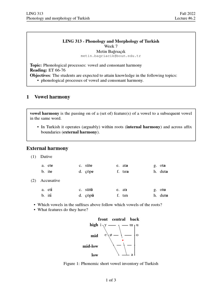 Turkish Vowel and Consonant Harmony | PDF | Vowel | Phonetics