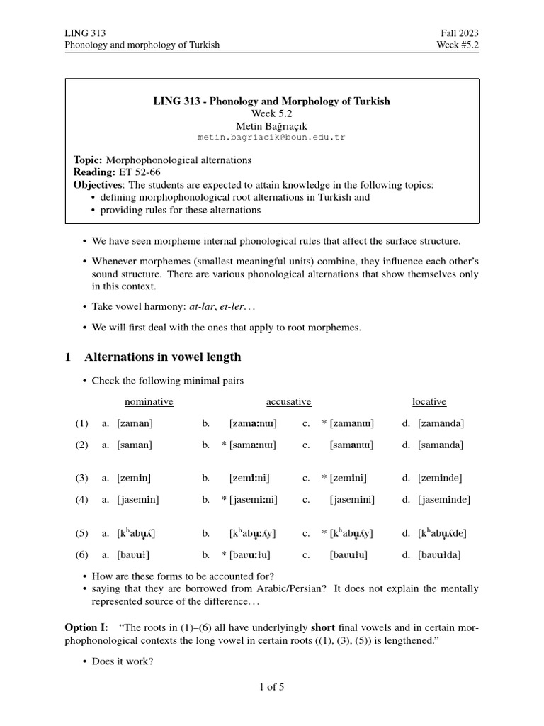 1 Alternations in Vowel Length: LING 313 Phonology and Morphology of ...