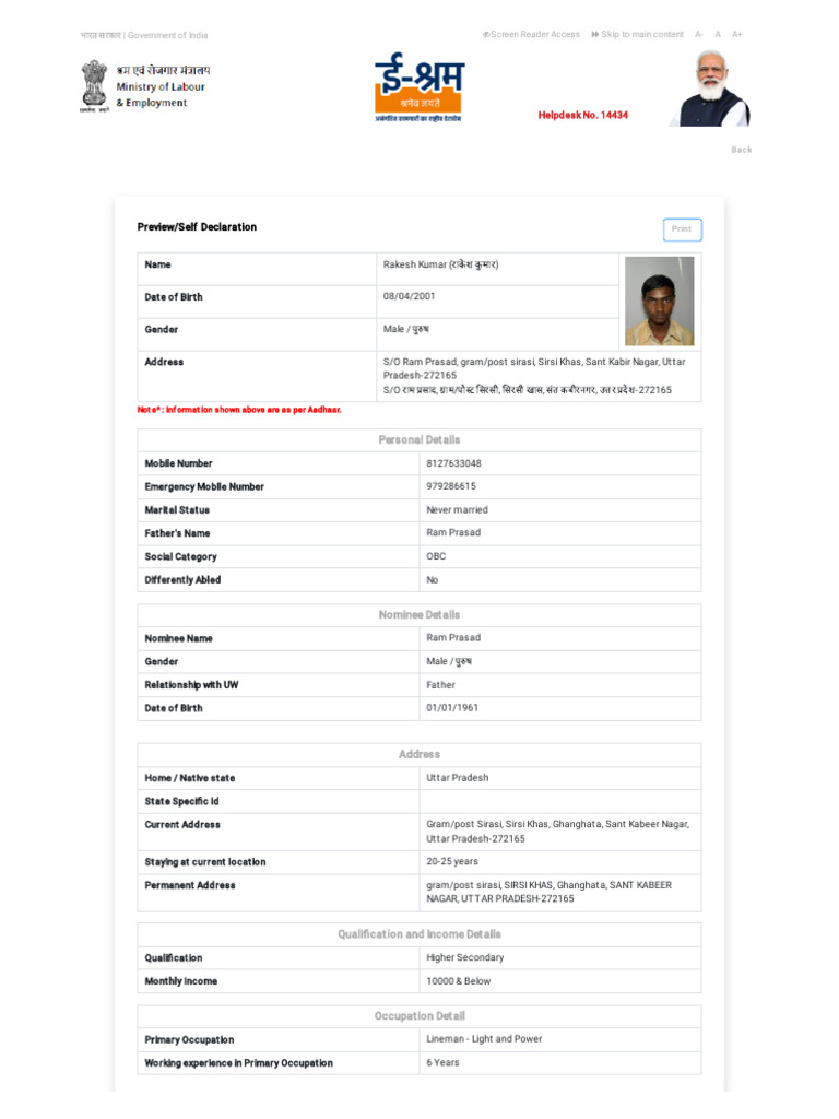 Https Register - Eshram.gov - in # User Preview-Profile | PDF | Social ...