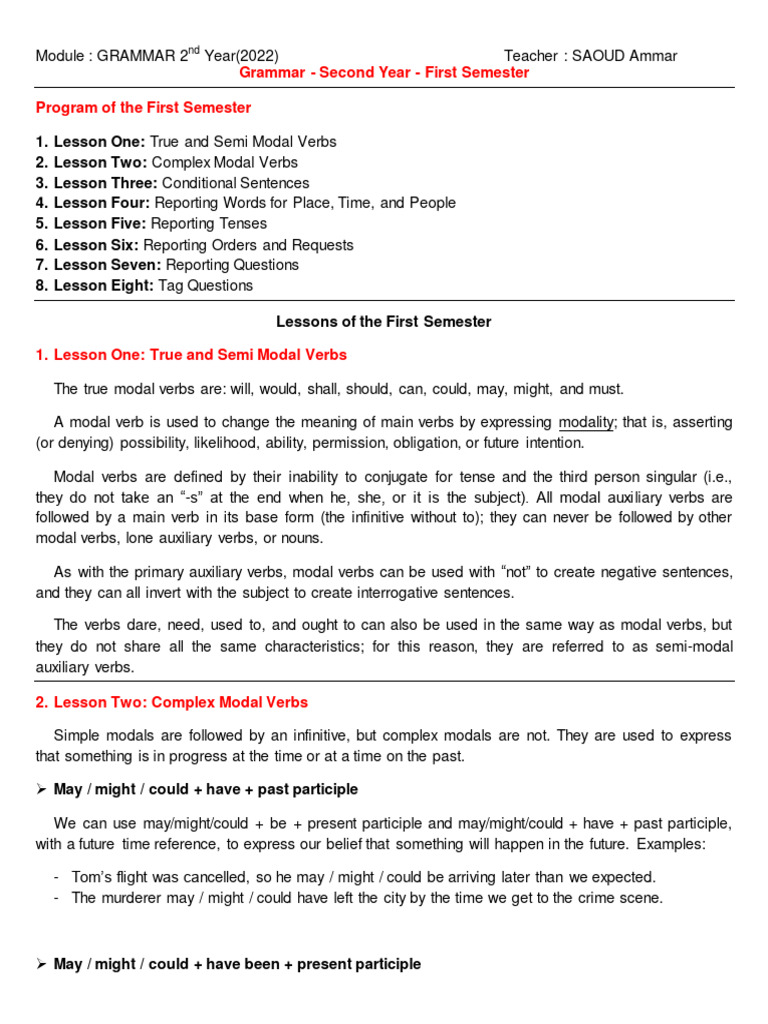 Lessons of Grammar - Second Year - First Semester | PDF