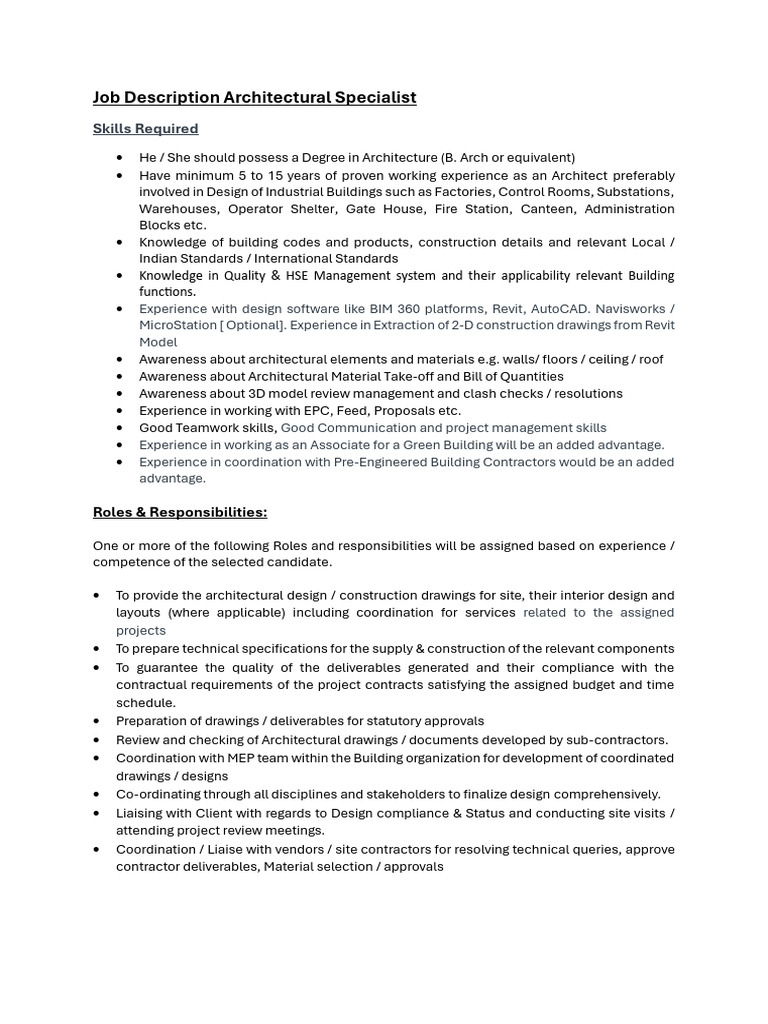 Buildings- Job Description - Architectural Specialist | PDF
