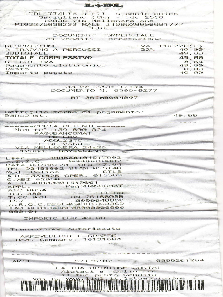 Scontrino Lidl Trapano Percussione | PDF