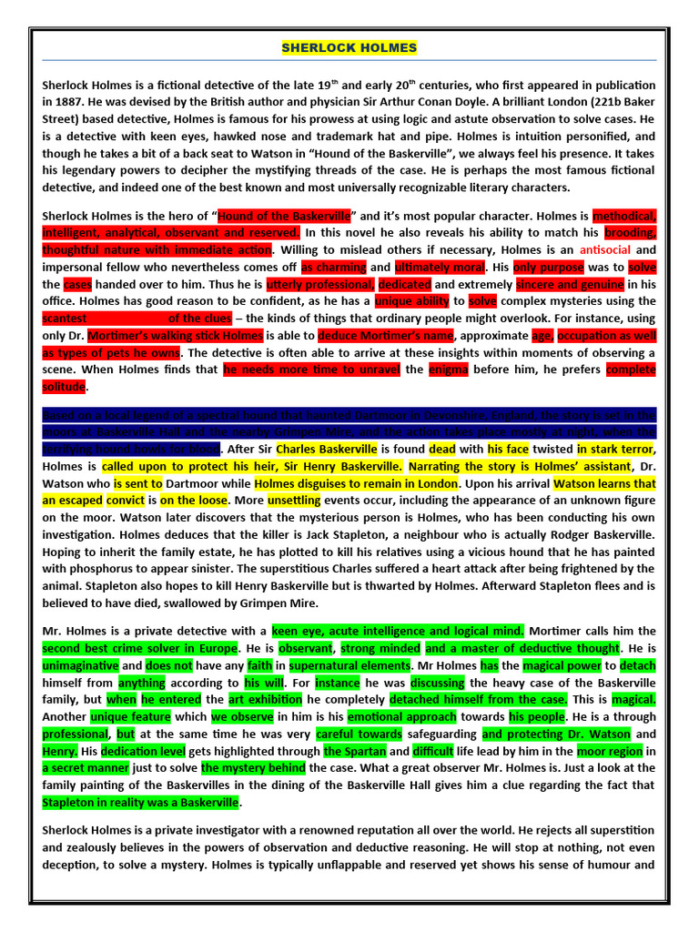 Character Analysis of Sherlock Holmes | PDF | The Hound Of The Baskervilles | Sherlock Holmes