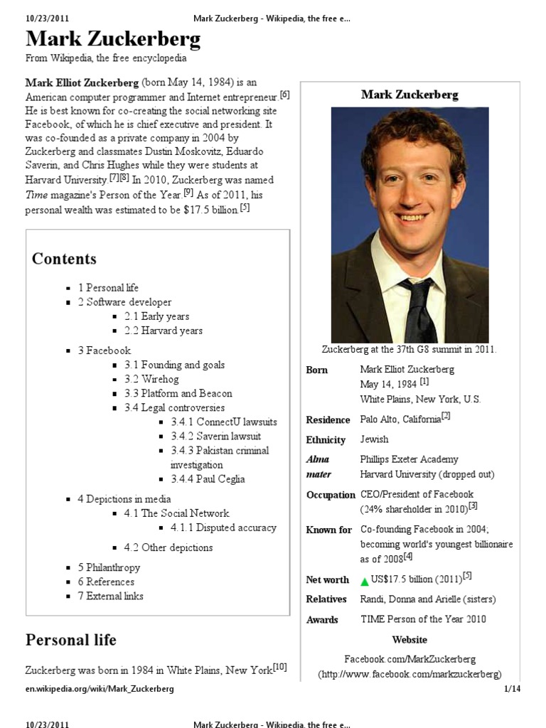 Mark Zuckerberg - Wikipedia, The Free Encyclopedia | PDF | Mark ...