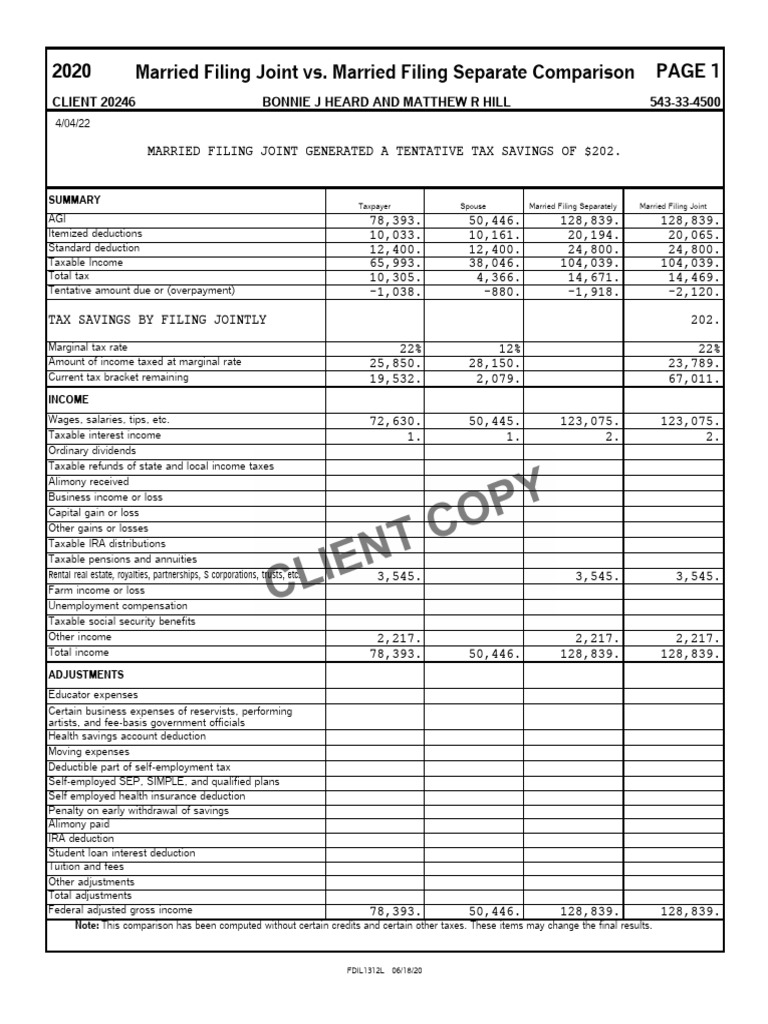 MFS vs MFJ Tax Savings Comparison | PDF