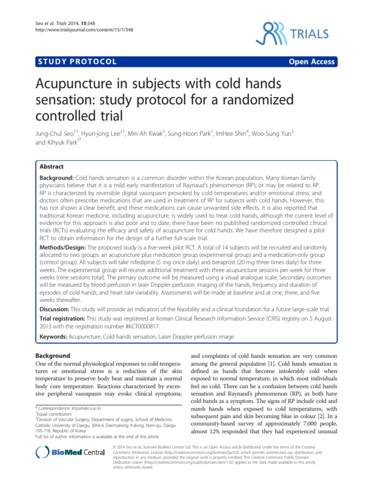 Acupuncture in Subjects With Cold Hands Sensation: Study Protocol For A ...