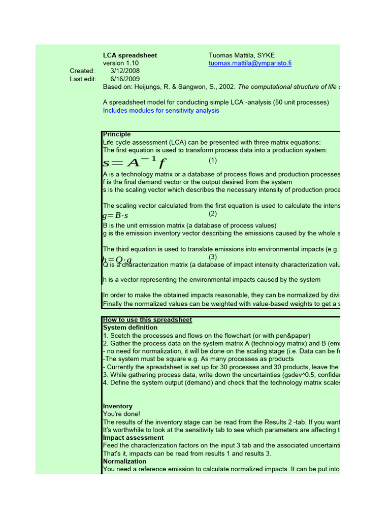 LCA Spreadsheet 1 10 | PDF | Life Cycle Assessment | Sensitivity Analysis