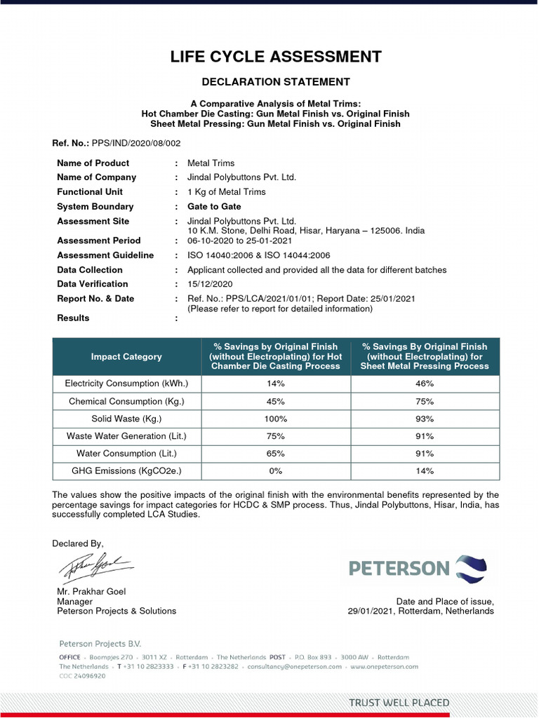Signed LCA Declaration Jindal RC 08022021 | PDF | Life Cycle Assessment ...