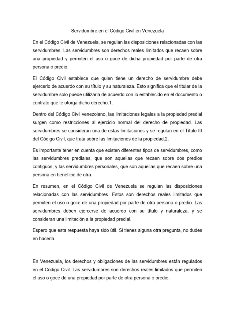 Servidumbre en El Código Civil en Venezuela | PDF | Propiedad | Ley de ...