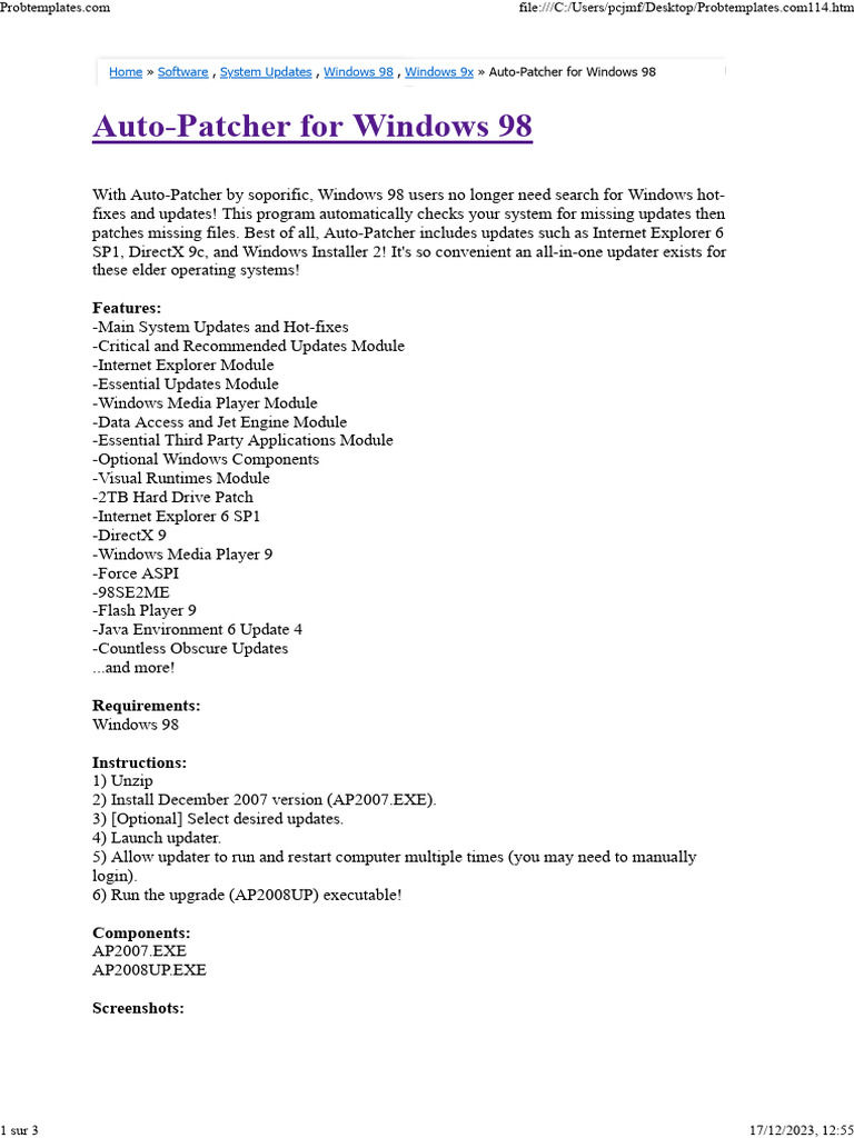 Auto-Patcher For Windows 98 | PDF | Computers
