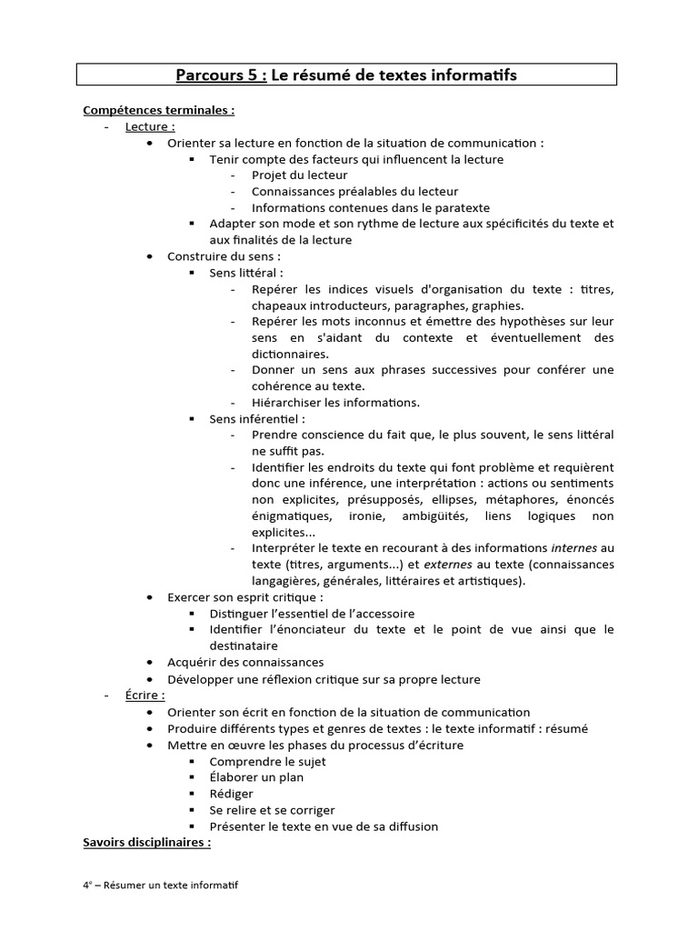 Résumé de textes informatifs 4e | PDF