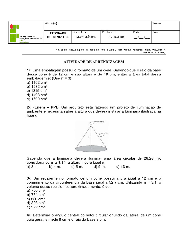 Exercícios de Cone | PDF | Geometria | Euclides