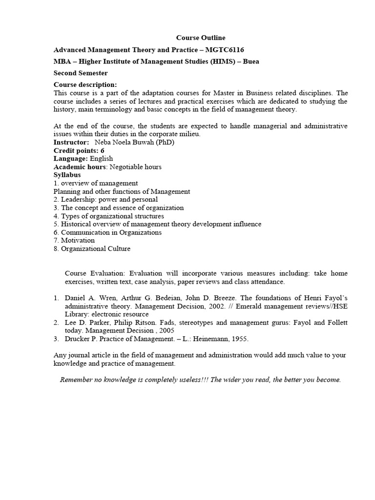 Advanced Management Theory Course Outline | PDF | Self-Improvement