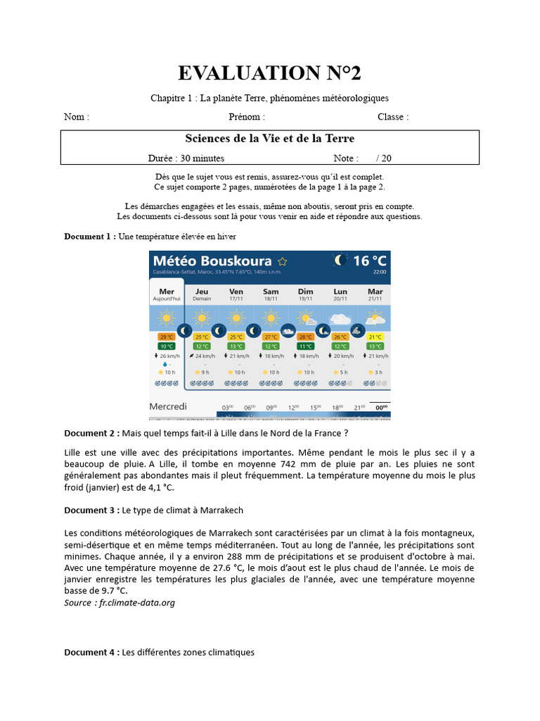 Évaluation SVT : Climat et Météo | PDF | Climat | Météorologie