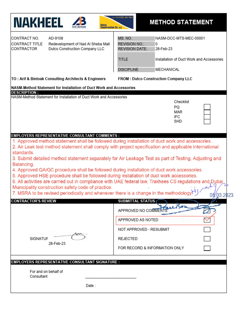 NASM-Method Statement For Installation of Duct Work and Accessories ...