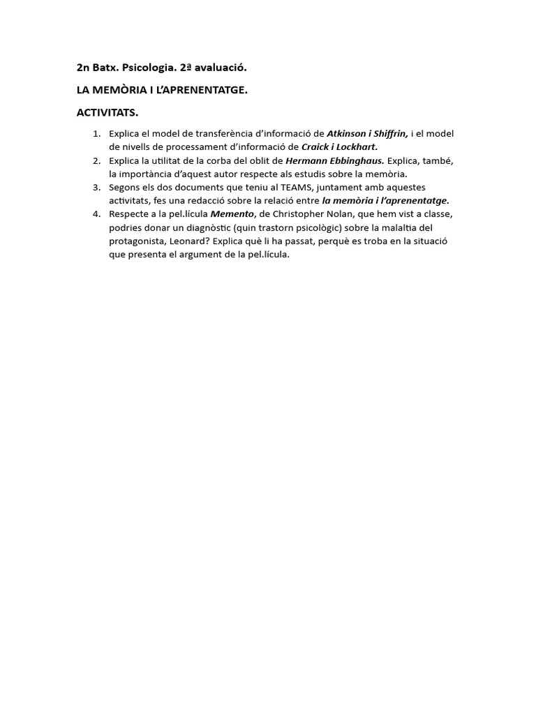 2º Batx Psico. Activitats La Memòria. | PDF