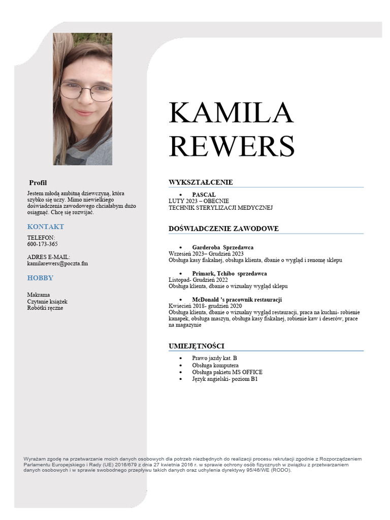 Kamila Rewers CV | PDF