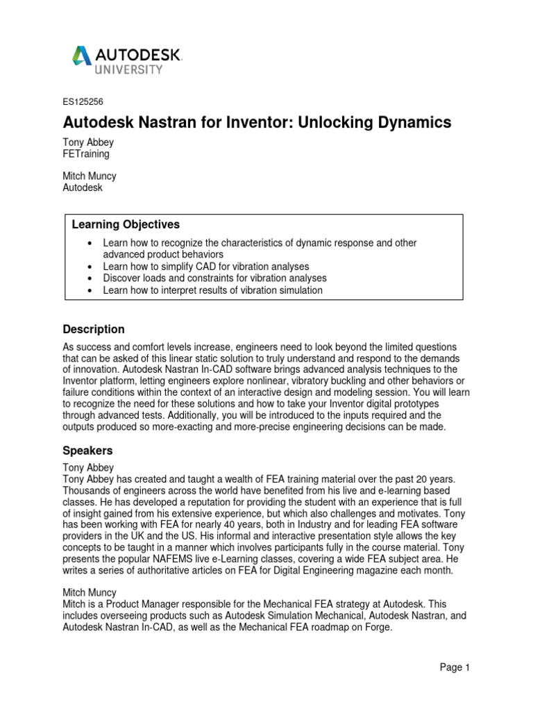 Class Handout ES125256 Autodesk Nastranfor Inventor Unlocking Dynamics Tony Abbey | PDF ...