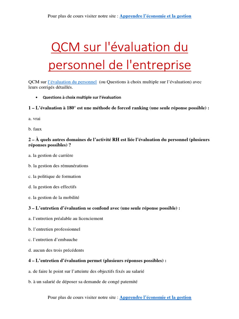 QCM sur l'évaluation du personnel de l'entreprise | PDF