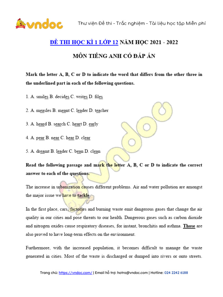 De Thi Tieng Anh Lop 12 Hoc Ki 1 Nam 2021 2022 So 4 | PDF | Waste | Earth Sciences