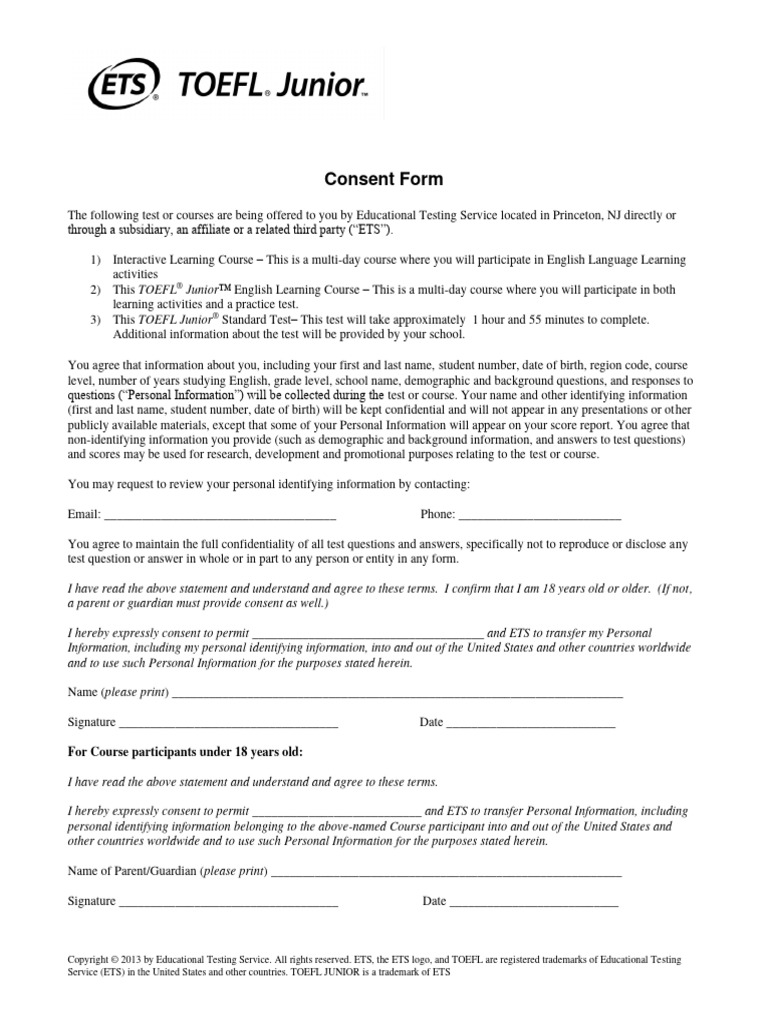 TOEFL - Junior - Standard - Consent - Form - Actualizada - 23 - 24 Con ...