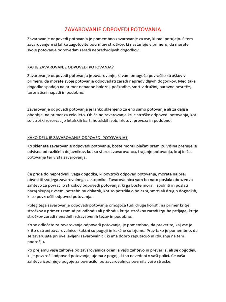 Zavarovanje Odpovedi Potovanja | PDF