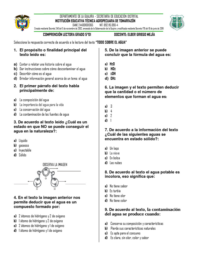 TALLER TEXTO TODO SOBRE EL AGUA | PDF | Agua | Oxígeno