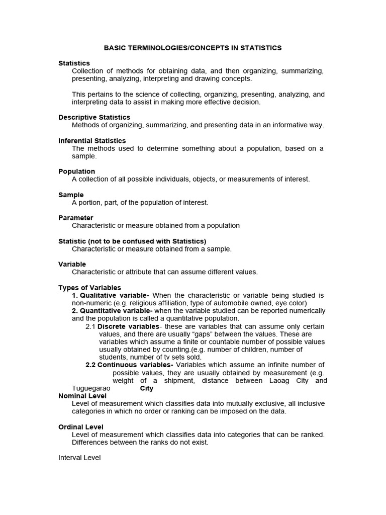 Basic Terminologies in Statistics | PDF | Statistics | Sampling ...