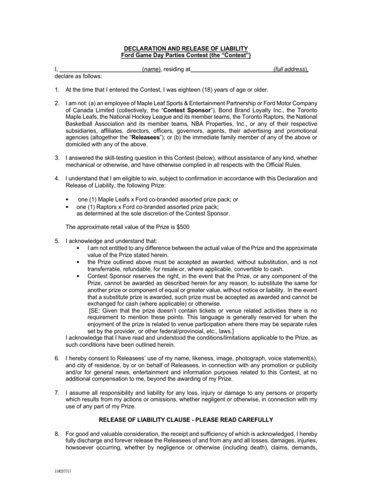 Ford Contest - Game Day Parties - Winner Release Form 2022-23 ...